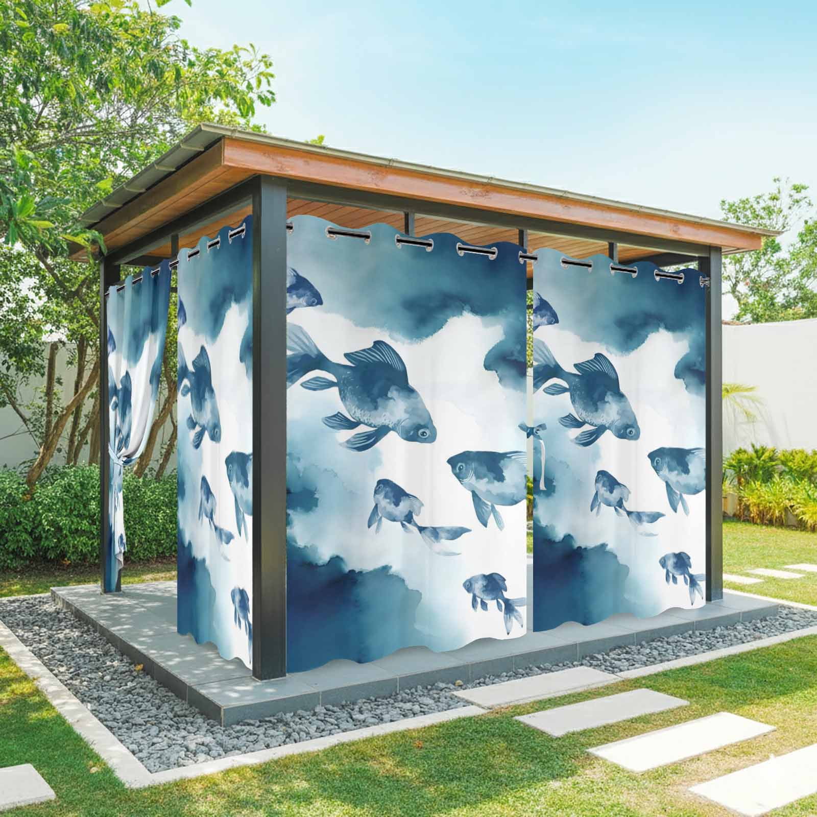 1 Panel Outdoor Curtains for Patio Waterproof 54"x84", Navy Blue Fish ...