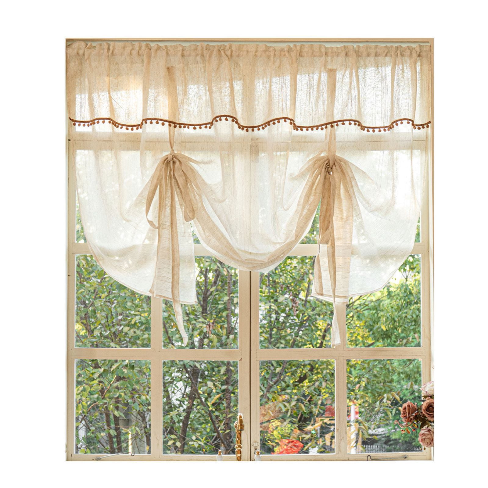 1 Panel Rod Pocket Semi Sheer Tie Up Curtain with Pom Pom Trim, Light ...