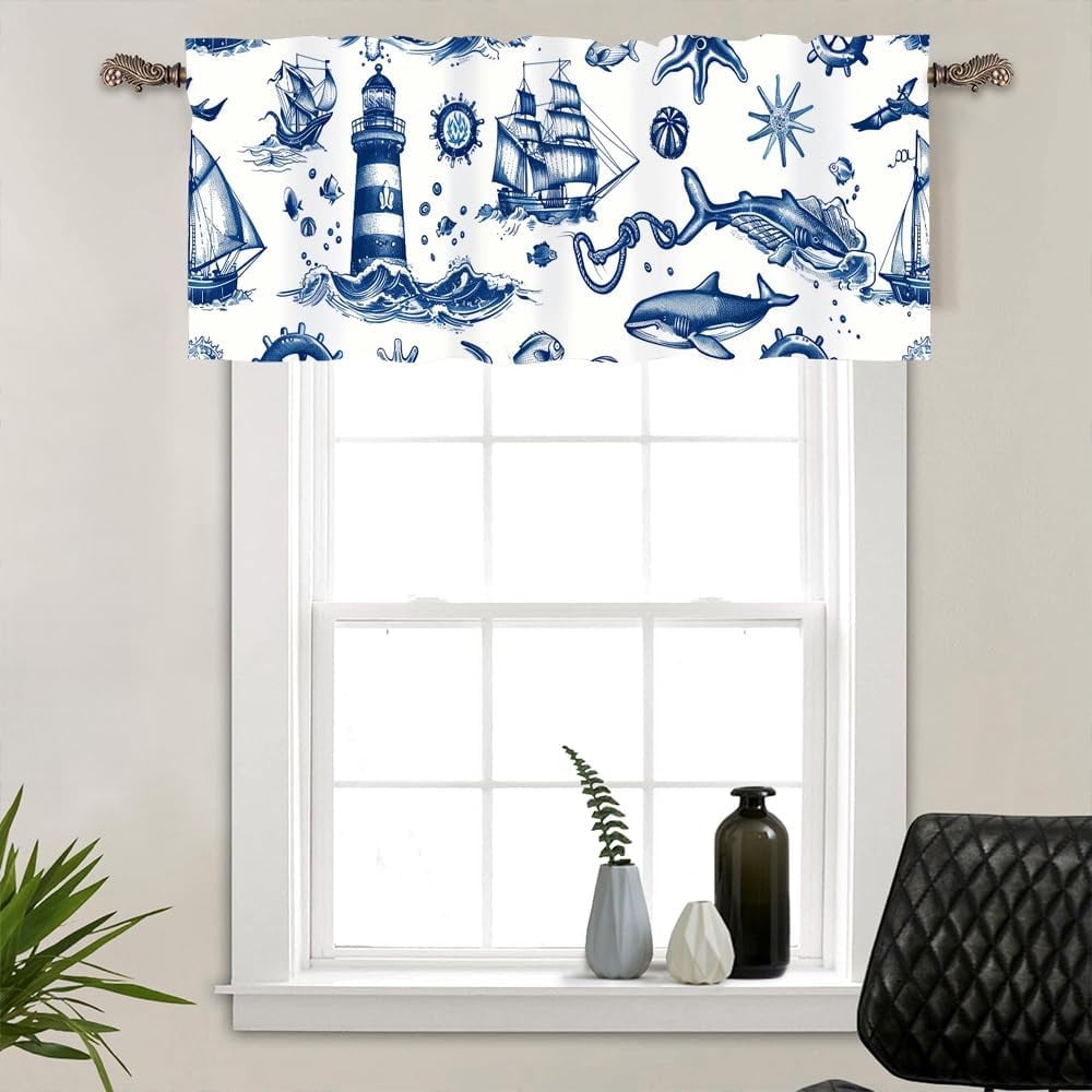 1 Panel Rustic Lighthouse Nautical Valance for Windows, Boat Pattern ...