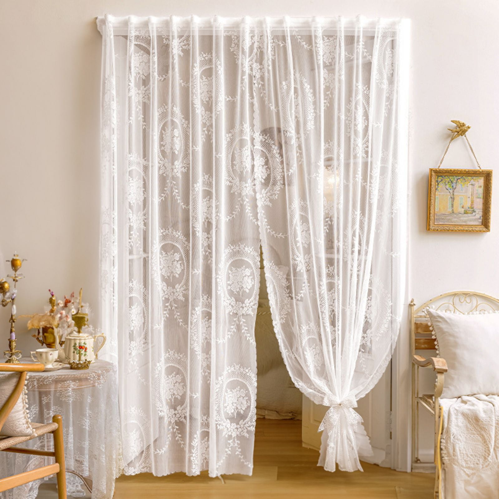 1 Panel White Lace Curtains Valance, Floral Embroidered Semi Sheer ...
