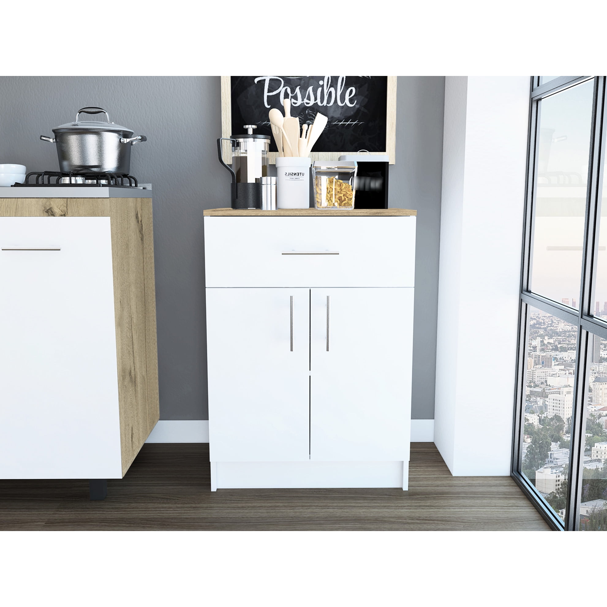 1 Pantry Cabinet In White And Oak - Countertop, Drawer & 2-door With ...