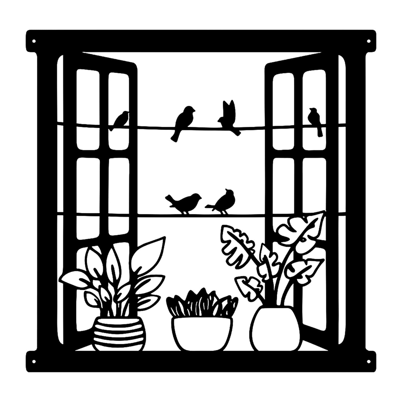 1 Pc Faux Window Metal Wall Art, Black Silhouette Birds on Wire Frame ...