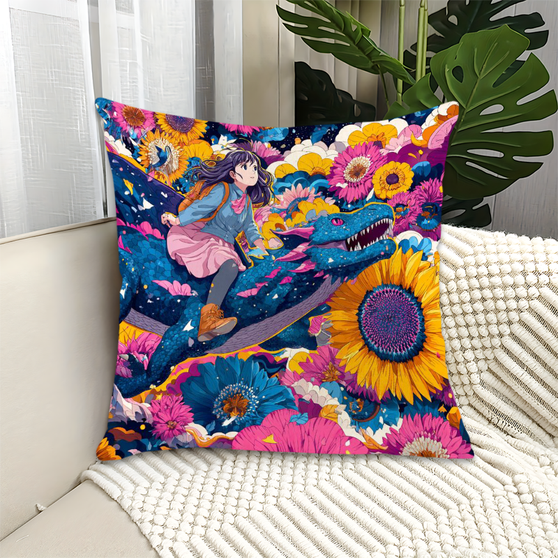 1 Pc Girl & Dragon in Flower World Throw Pillow Insert, Throw Pillows ...