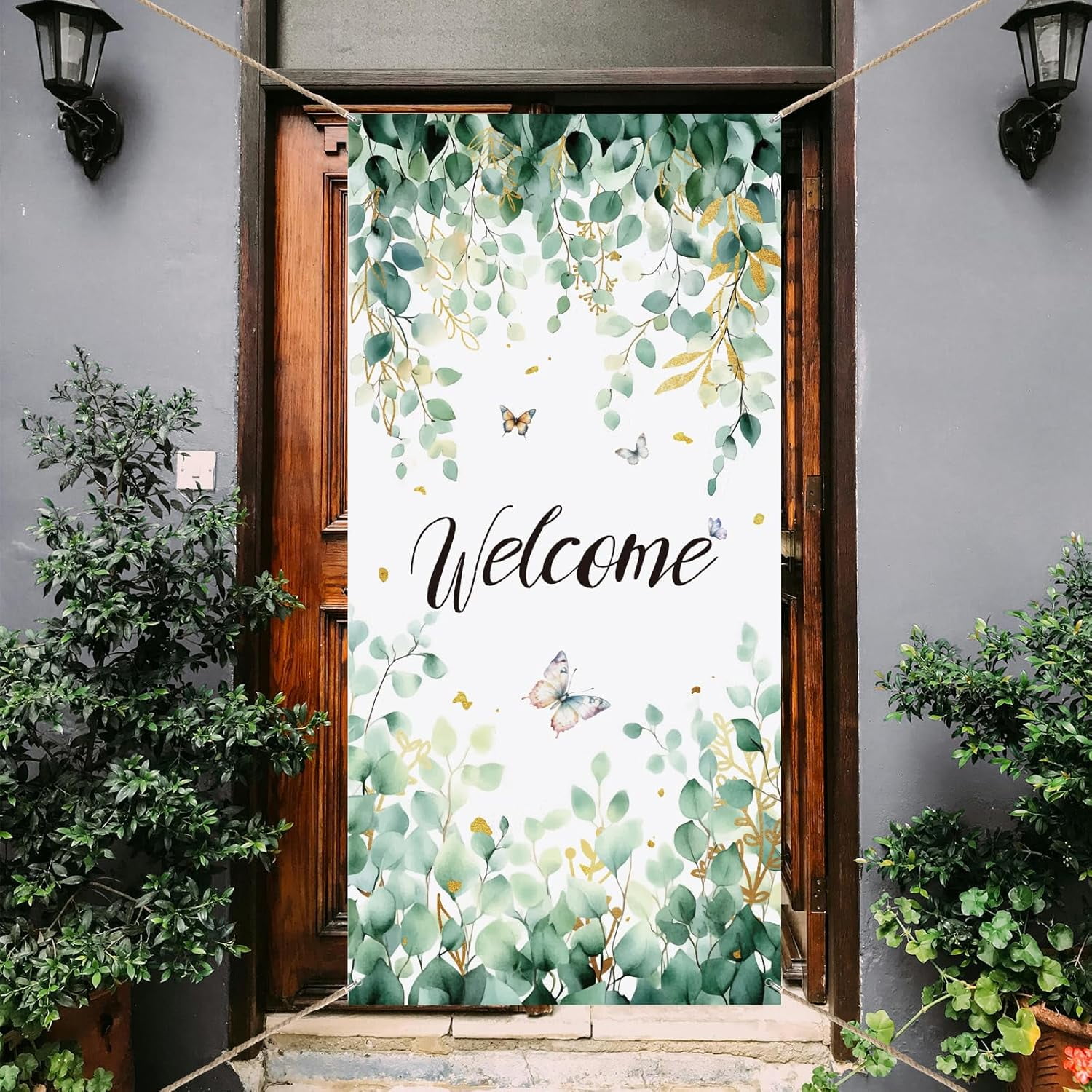 1 Pc Green Plants Welcome Door Banner Green Leaves and Butterflies Door ...