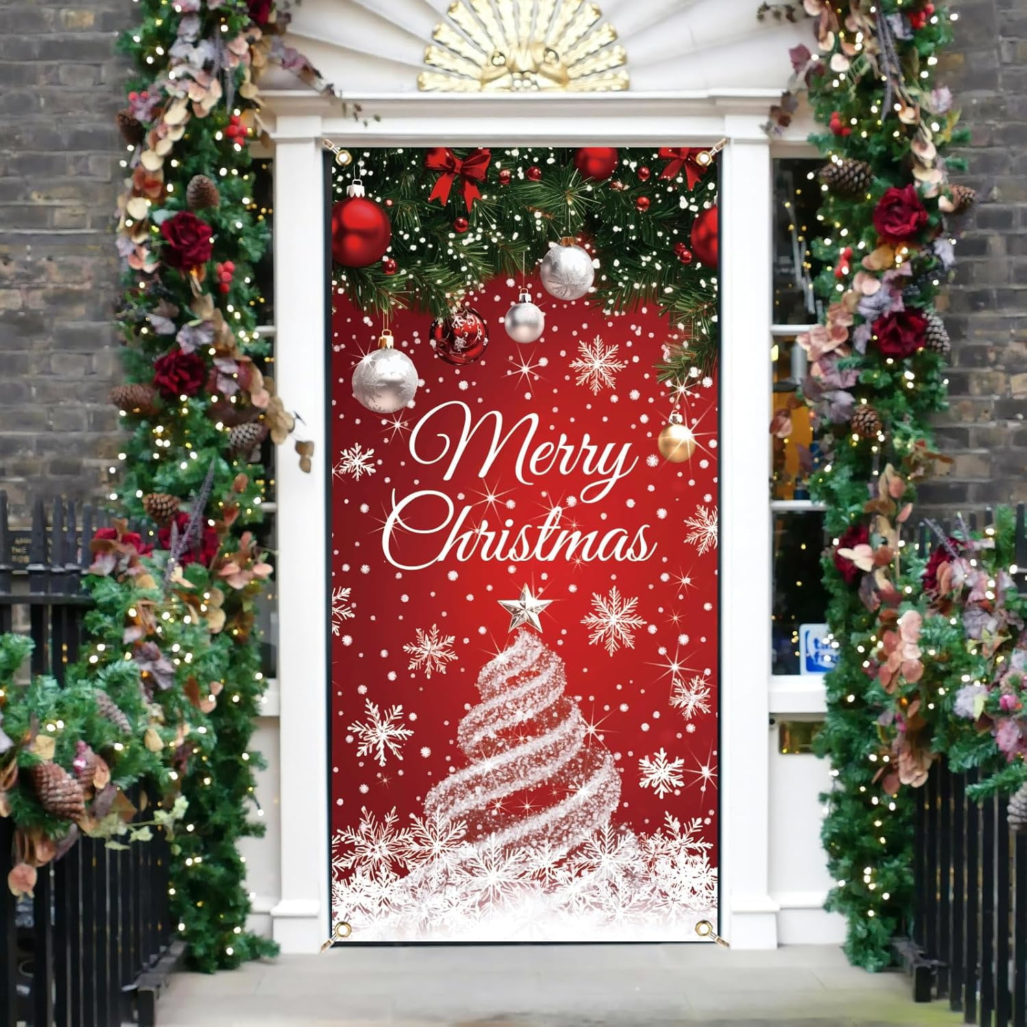 1 Pc Merry Christmas Door Cover Christmas Tree Snowflakes Background ...
