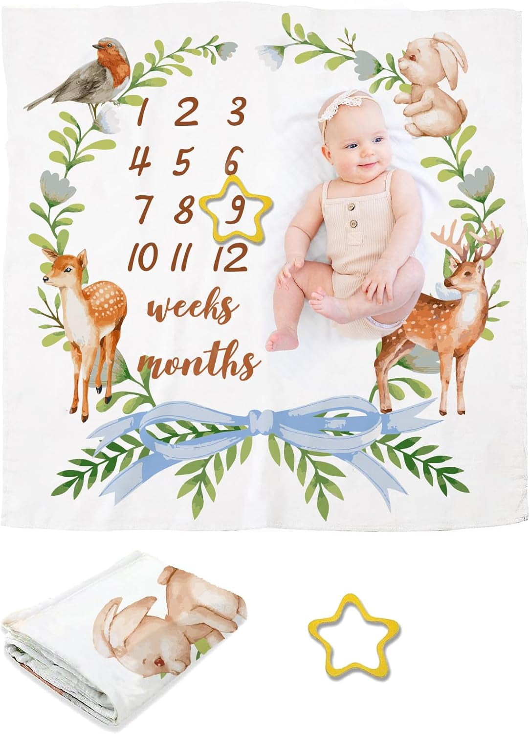 1 Pc Milestone Blanket Polyester Deer Monthly Milestone Blanket Neutral ...