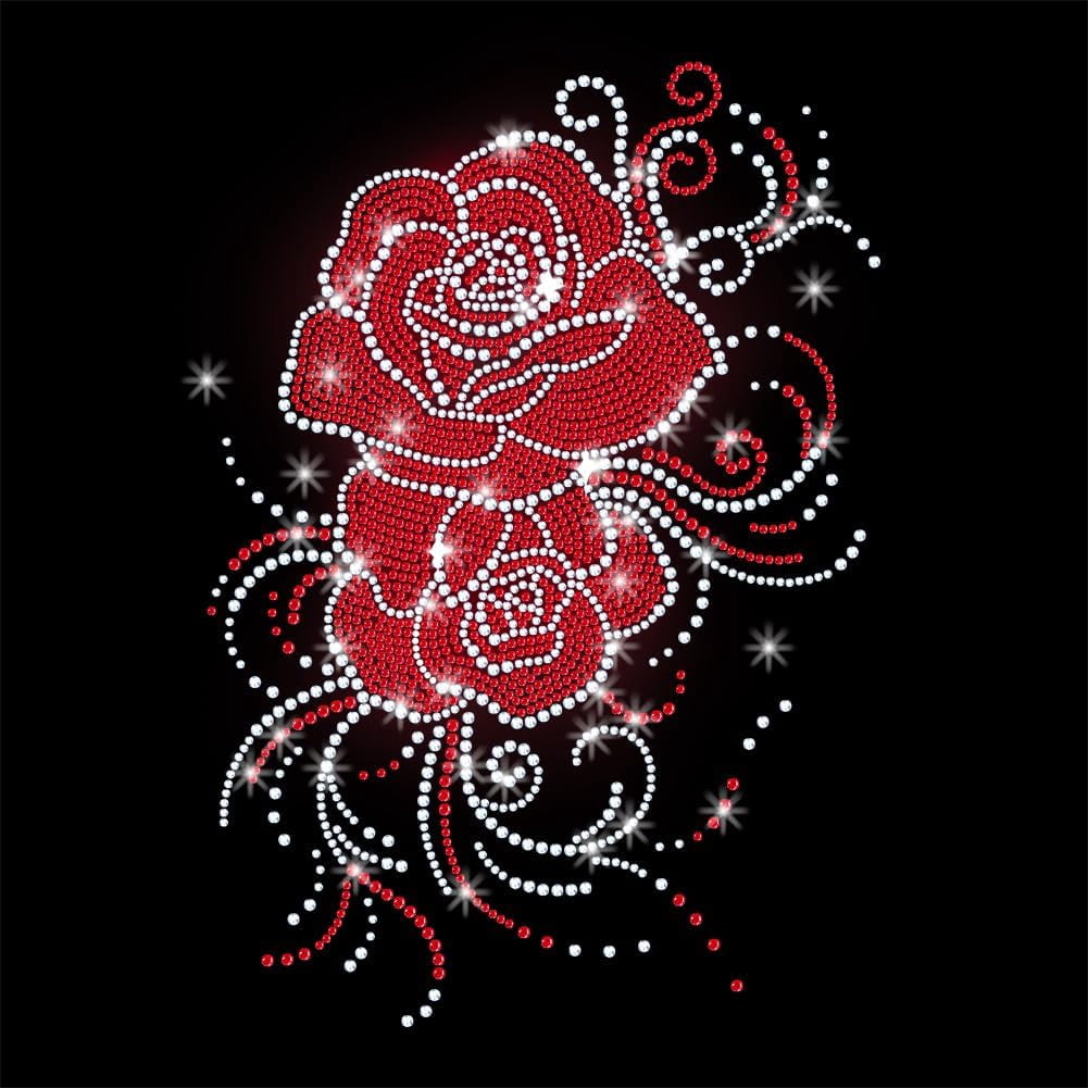 1 Pc Red Rose Pattern Rhinestone Iron on Hotfix Transfer Decal Bling ...