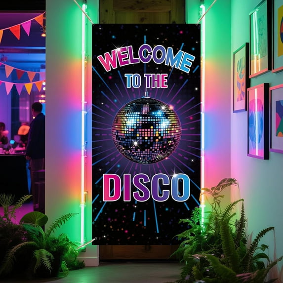 1 Pc Retro Disco Polyester Door Cover Disco Light Ball Welcome Backdrop ...