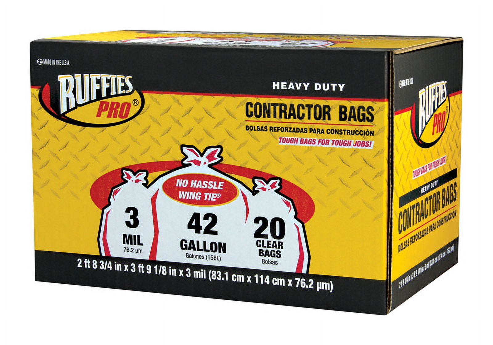 1 Pc, Ruffies Pro 42 Gal Contractor Bags Wing Ties 20 Pk 3 Mil ...