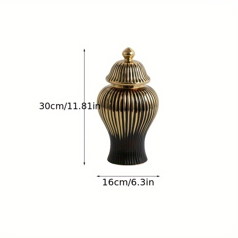 1 Pc Vintage Black & Gold Cylindrical Ceramic Vase with Geometric ...