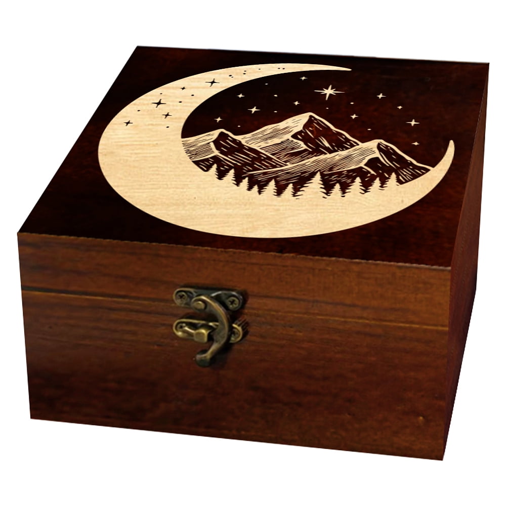 1 Pc Wooden Keepsake Storage Box Crescent Moon Stars Mountains Forest ...