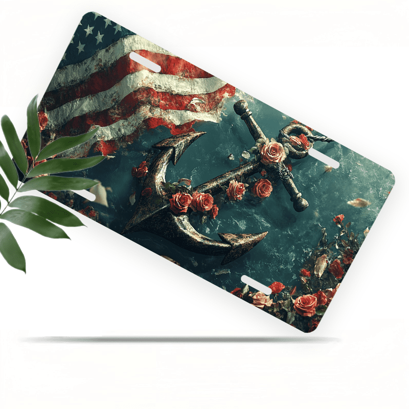 1 Pcs 2D Flat License Plate Covers & Frames, Anchor with Roses For ...