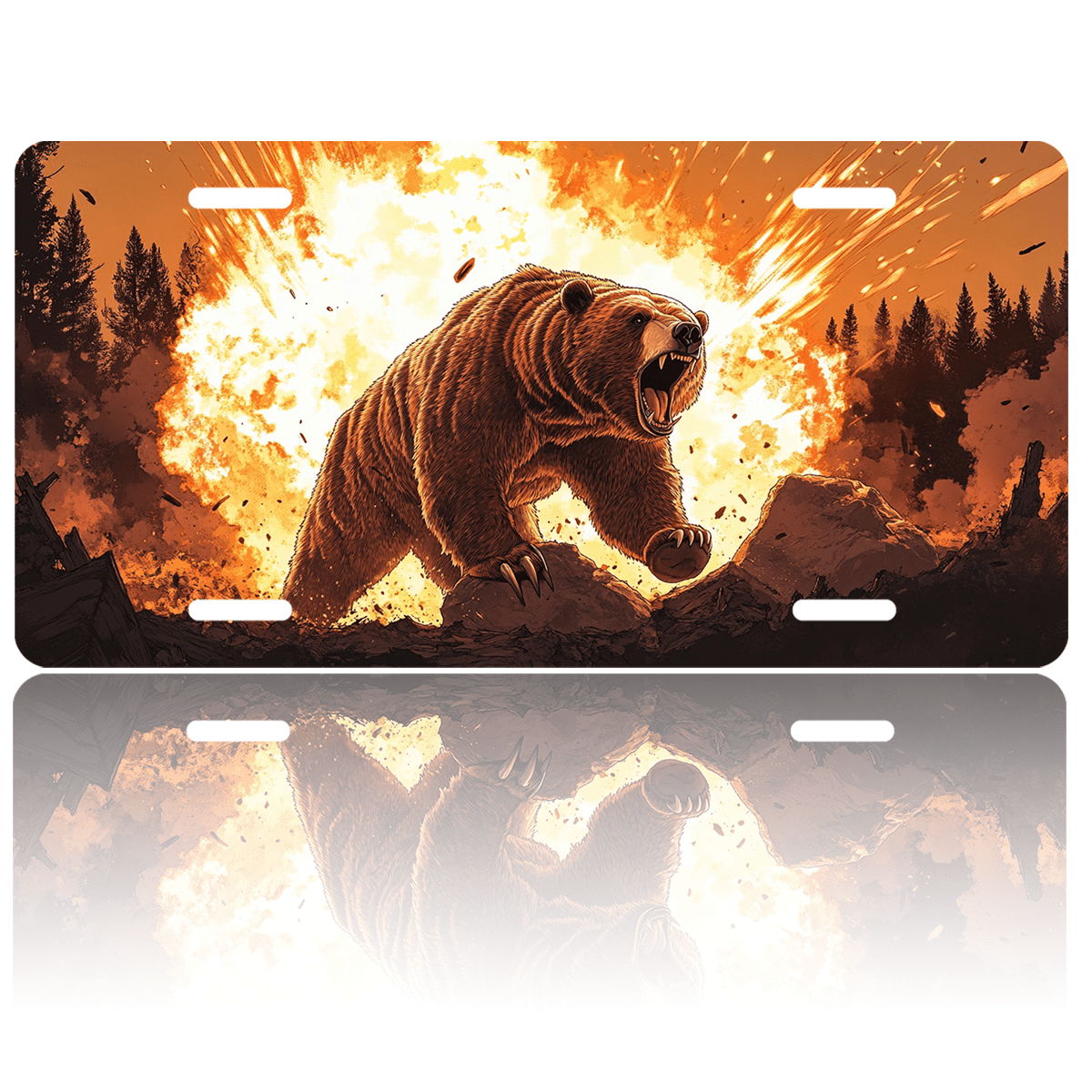 1 Pcs 2D Flat License Plate Covers & Frames, Angry Bear in Explosion ...