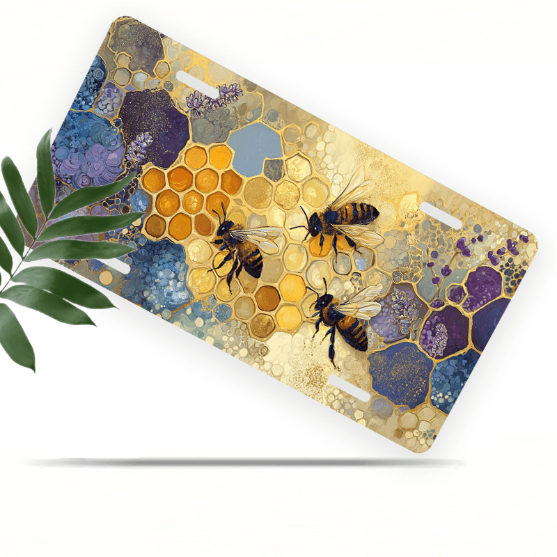 1 Pcs 2D Flat License Plate Covers & Frames, Bees on Honeycomb For ...