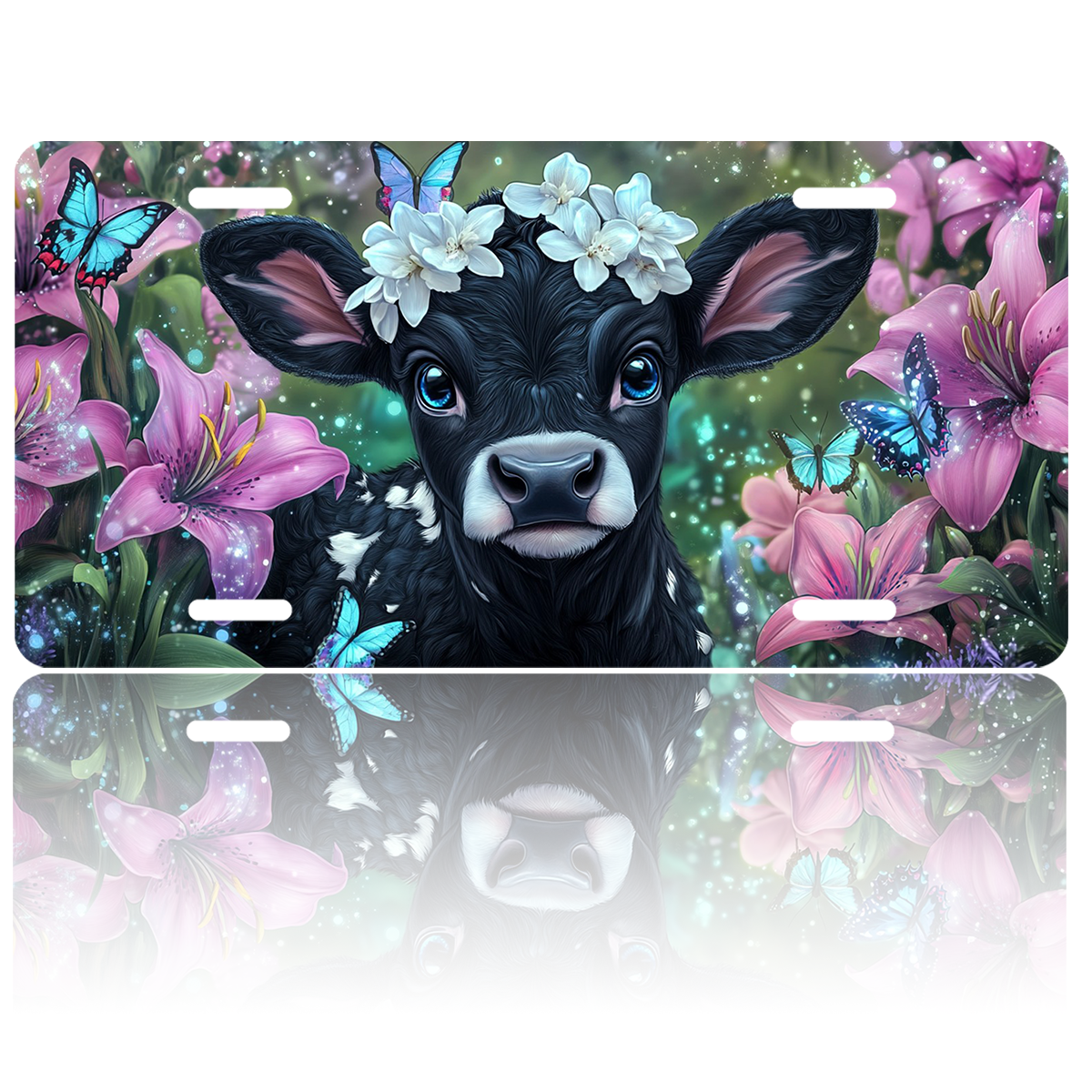 1 Pcs 2D Flat License Plate Covers & Frames, Black Calf among Flowers ...