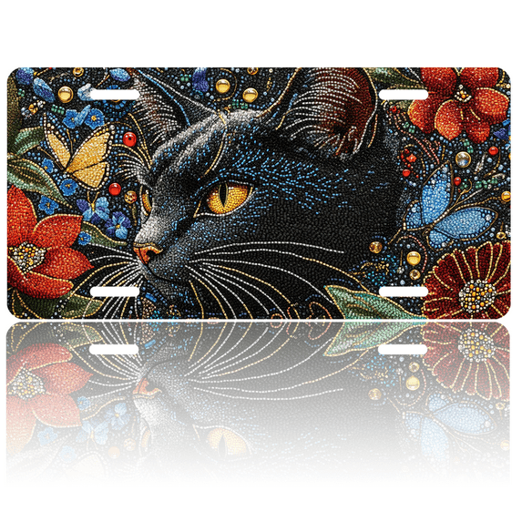 1 Pcs 2D Flat License Plate Covers & Frames, Black Cat with Flowers For ...