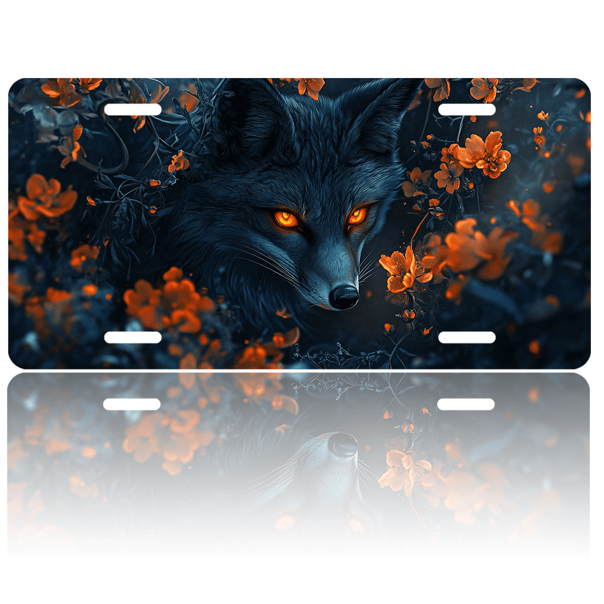 1 Pcs 2D Flat License Plate Covers & Frames, A Black Fox with Glowing ...
