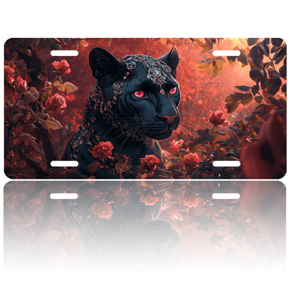 1 Pcs 2D Flat License Plate Covers & Frames, Black Panther among Roses ...