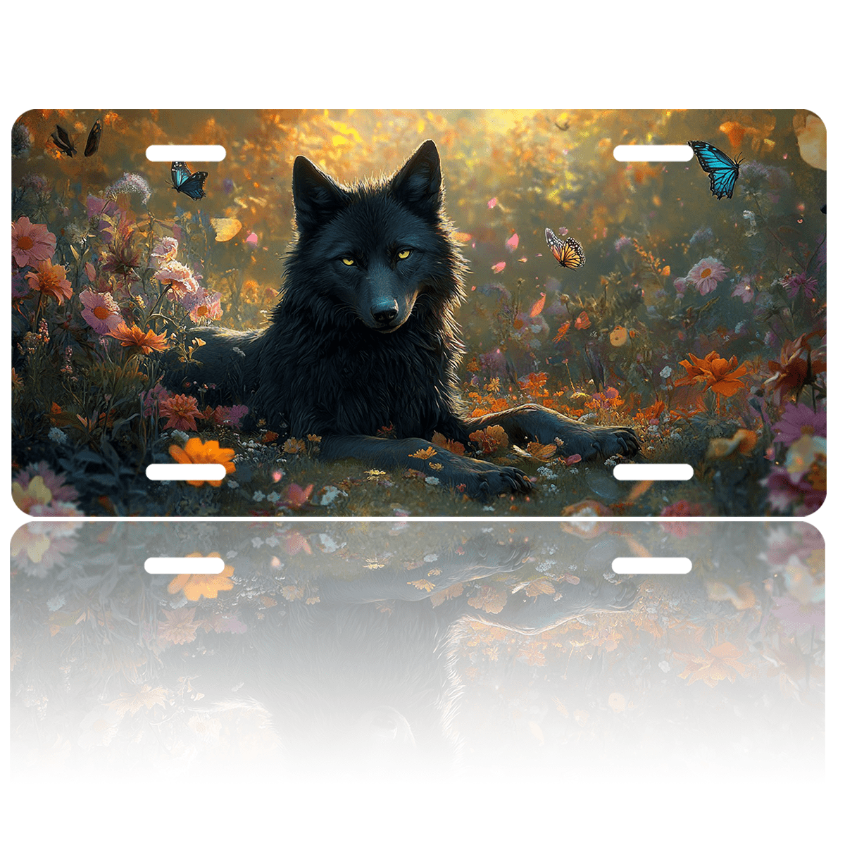 1 Pcs 2D Flat License Plate Covers & Frames, Black Wolf in a Flower ...