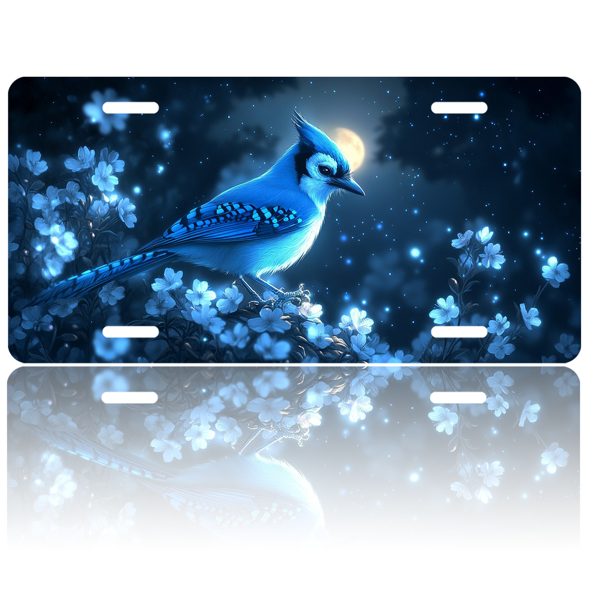 1 Pcs 2D Flat License Plate Covers & Frames, Blue Jay in Night Scene ...