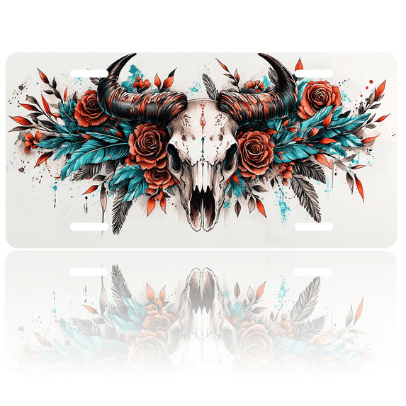 1 Pcs 2D Flat License Plate Covers & Frames, Bull Skull with Flowers ...