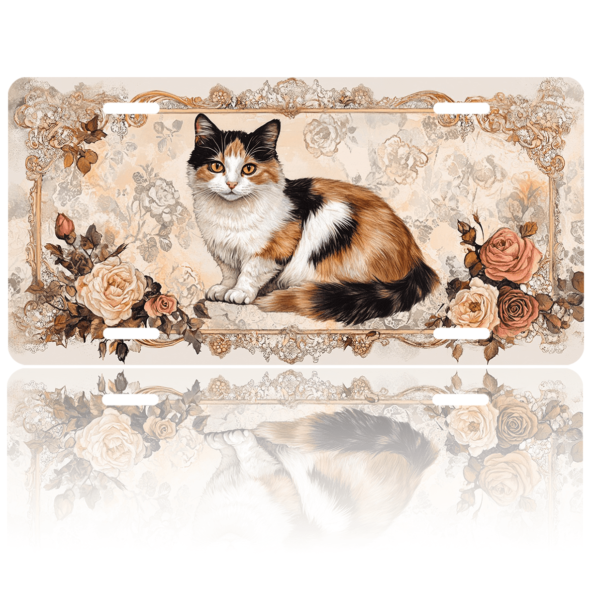 1 Pcs 2D Flat License Plate Covers & Frames, Calico Cat in a Floral ...