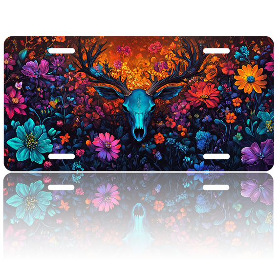 1 Pcs 2D Flat License Plate Covers & Frames, Deer Skull Among Flowers ...