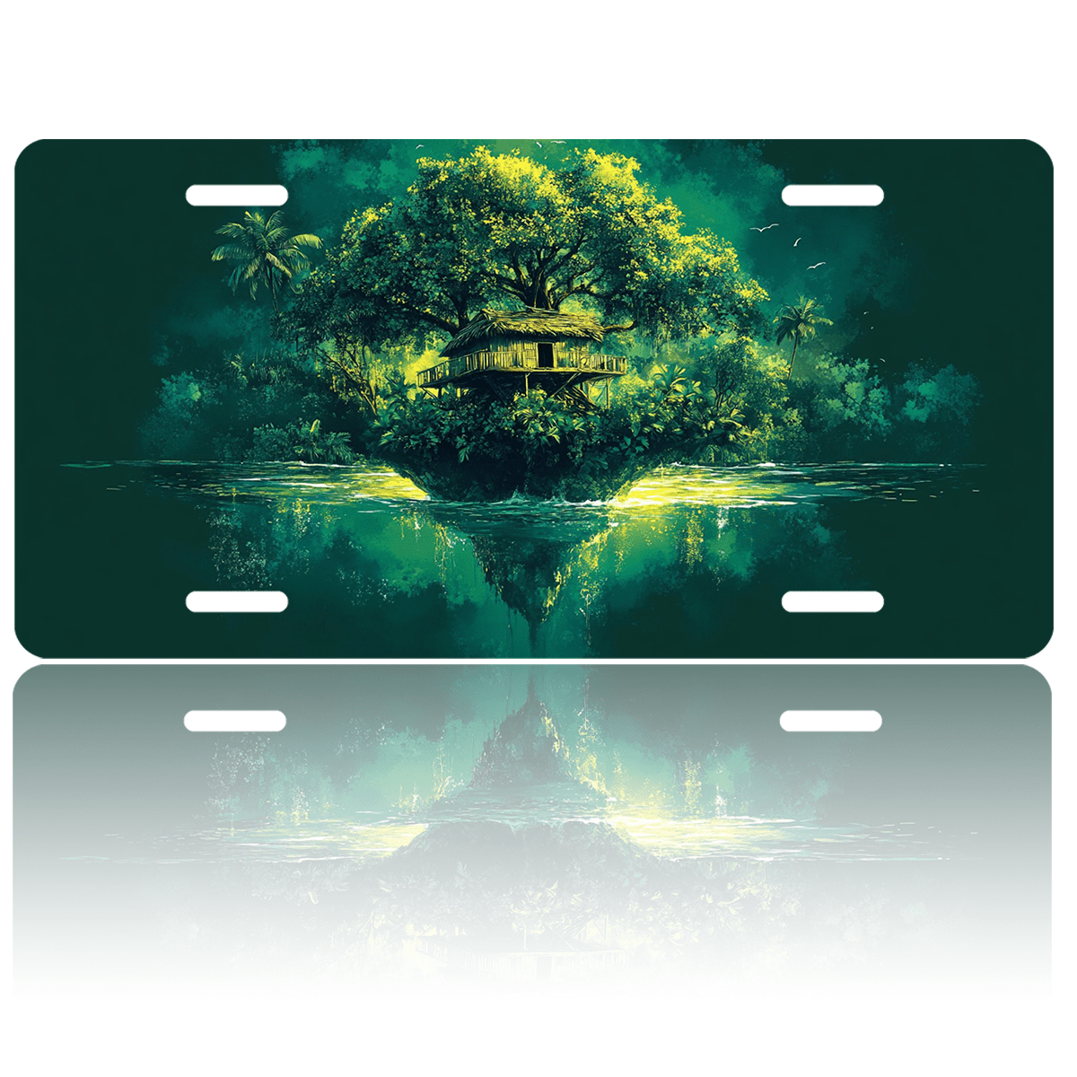 1 Pcs 2D Flat License Plate Covers & Frames, Floating Island Hut in Jungle For Decorative Front ...