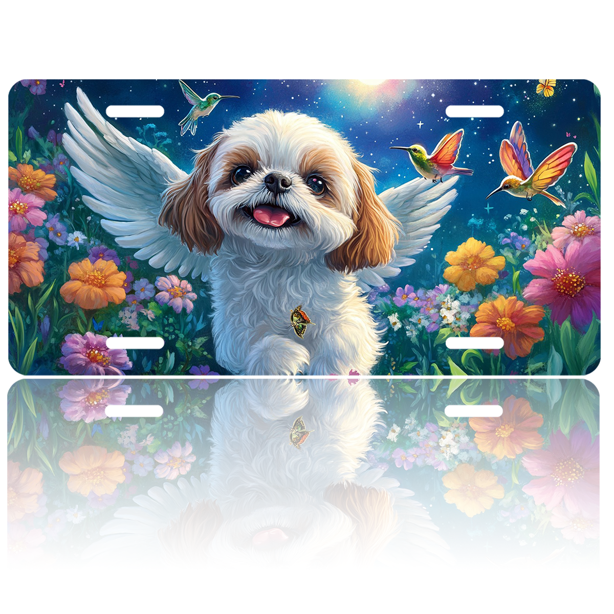 1 Pcs 2D Flat License Plate Covers & Frames, Flying Dog in Flower Field ...