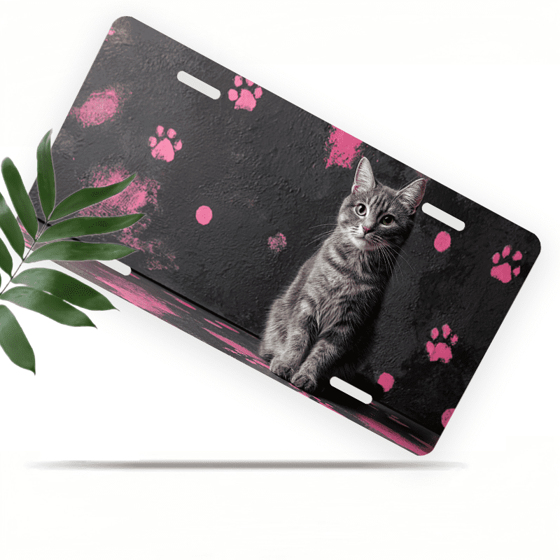 1 Pcs 2D Flat License Plate Covers & Frames, Gray Cat with Pink For ...