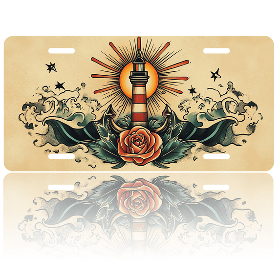 1 Pcs 2D Flat License Plate Covers & Frames, Lighthouse Anchor Rose For ...