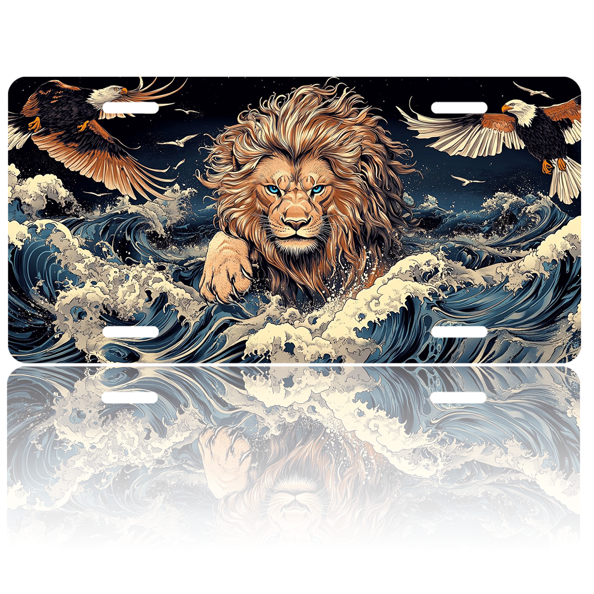 1 Pcs 2D Flat License Plate Covers & Frames, Lion in the Waves with ...