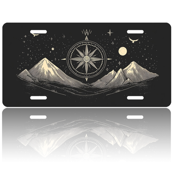 1 Pcs 2D Flat License Plate Covers & Frames, Mountain and Compass For ...