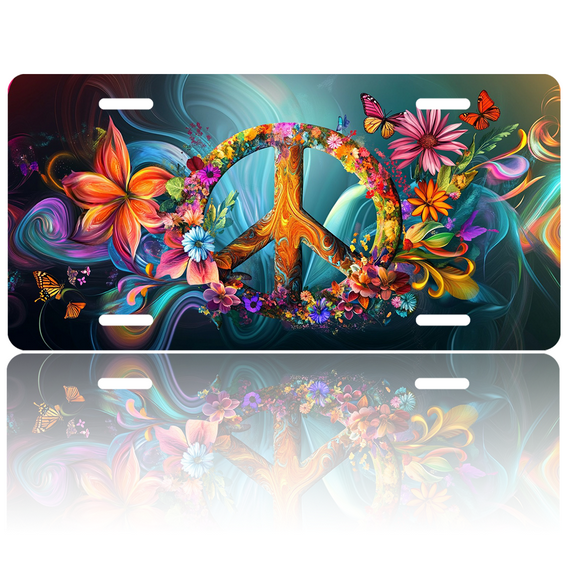 1 Pcs 2D Flat License Plate Covers & Frames, Peace Sign with Flowers ...