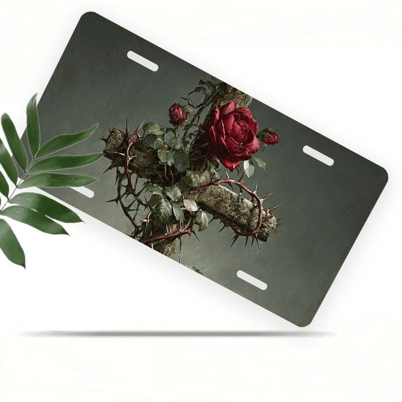 1 Pcs 2D Flat License Plate Covers & Frames, Rose on a Cross For ...