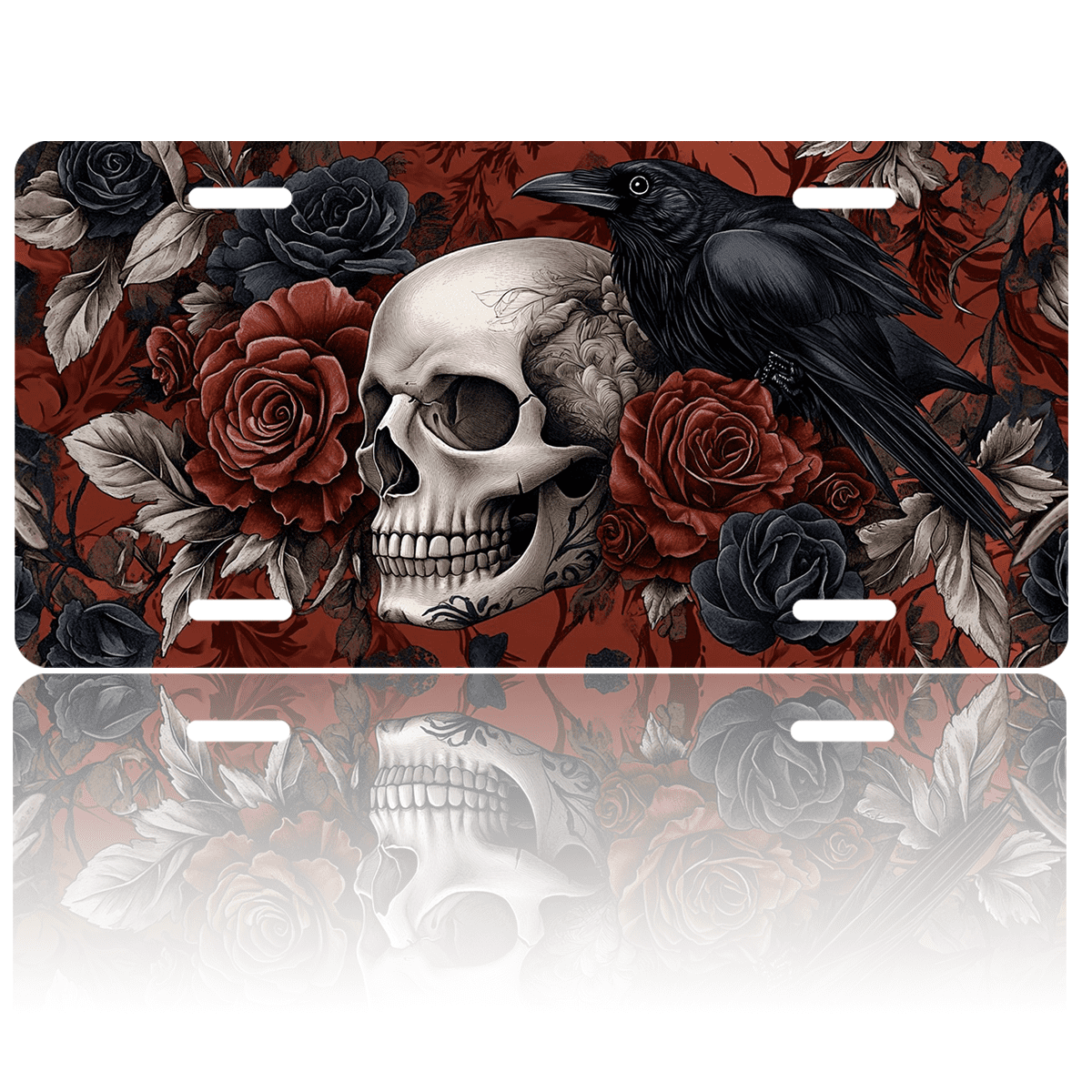 1 Pcs 2D Flat License Plate Covers & Frames, Skull Raven and Roses For ...