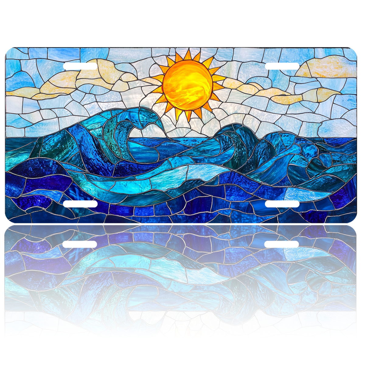 1 Pcs 2D Flat License Plate Covers & Frames, Sun and Waves For ...