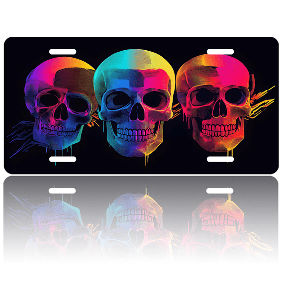 1 Pcs 2D Flat License Plate Covers & Frames, Three Neon Skulls For ...