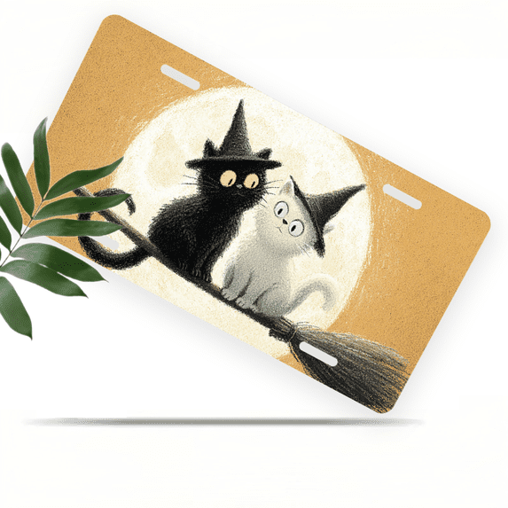 1 Pcs 2D Flat License Plate Covers & Frames, Two Cats on a Broom For ...