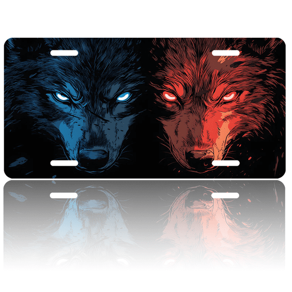 1 Pcs 2D Flat License Plate Covers & Frames, Two Wolves For Decorative ...