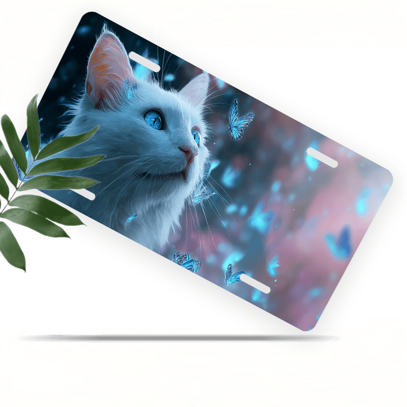 1 Pcs 2D Flat License Plate Covers & Frames, White Cat with Blue For ...