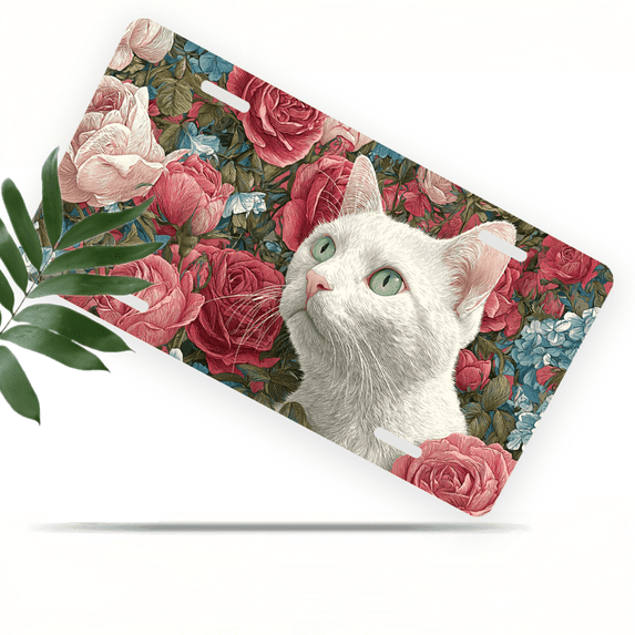1 Pcs 2D Flat License Plate Covers & Frames, White Cat For Decorative ...
