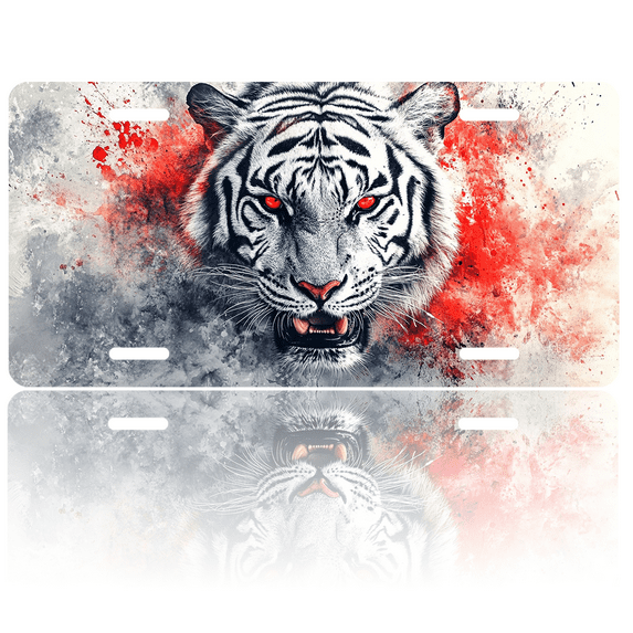 1 Pcs 2D Flat License Plate Covers & Frames, White Tiger with Red Eyes ...
