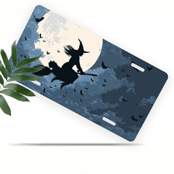 1 Pcs 2D Flat License Plate Covers & Frames, Witch Riding Broom For ...