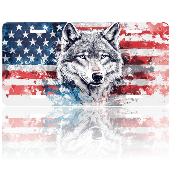 1 Pcs 2D Flat License Plate Covers & Frames, Wolf Against American Flag ...