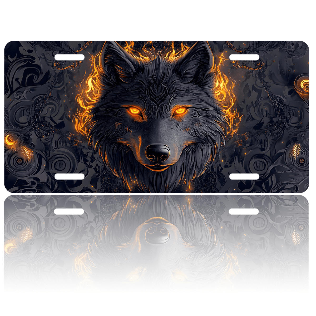 1 Pcs 2D Flat License Plate Covers & Frames, Wolf with Flames For ...