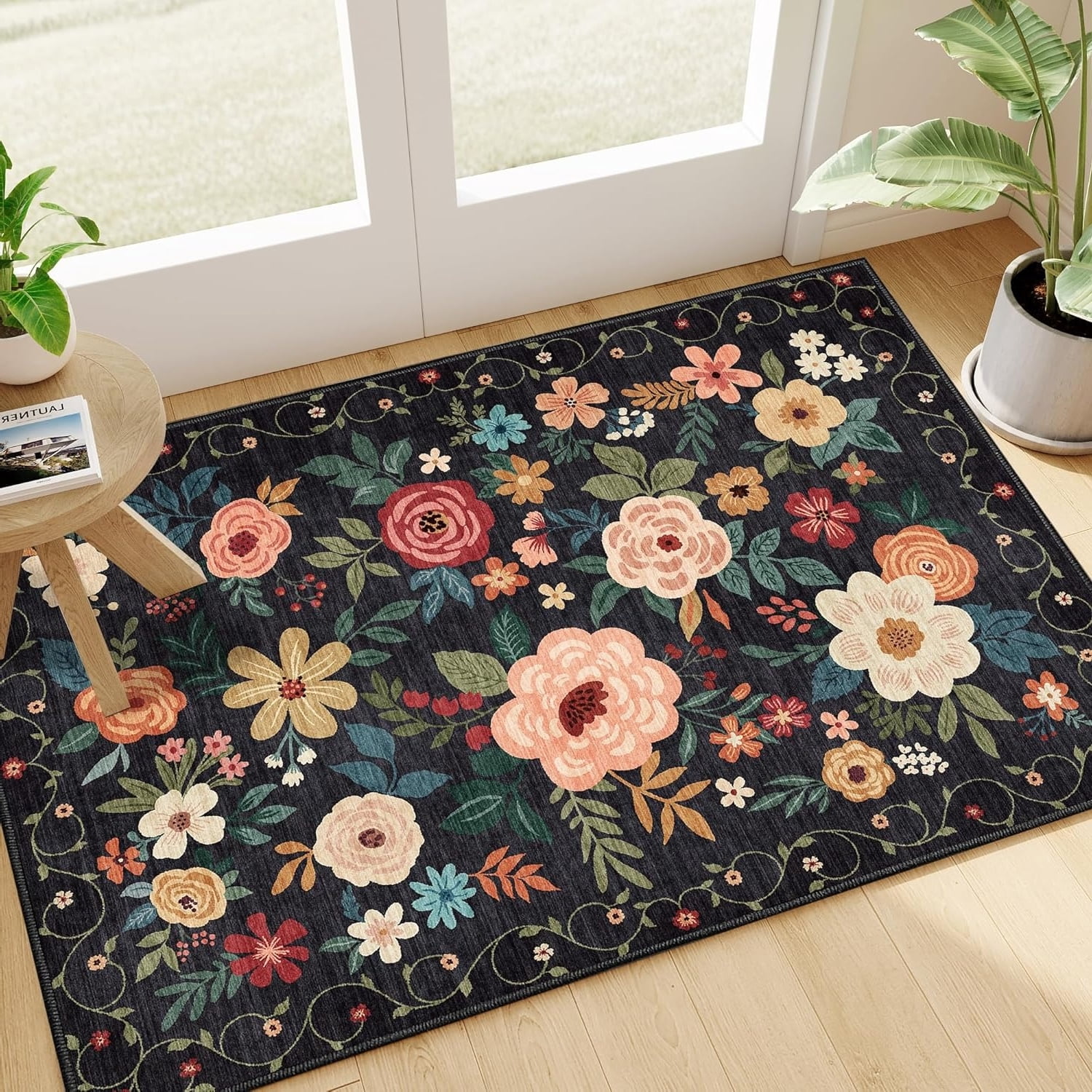 1 Pcs 2x3 Floral Washable Rug, Non Slip Boho Small Door Mat for ...