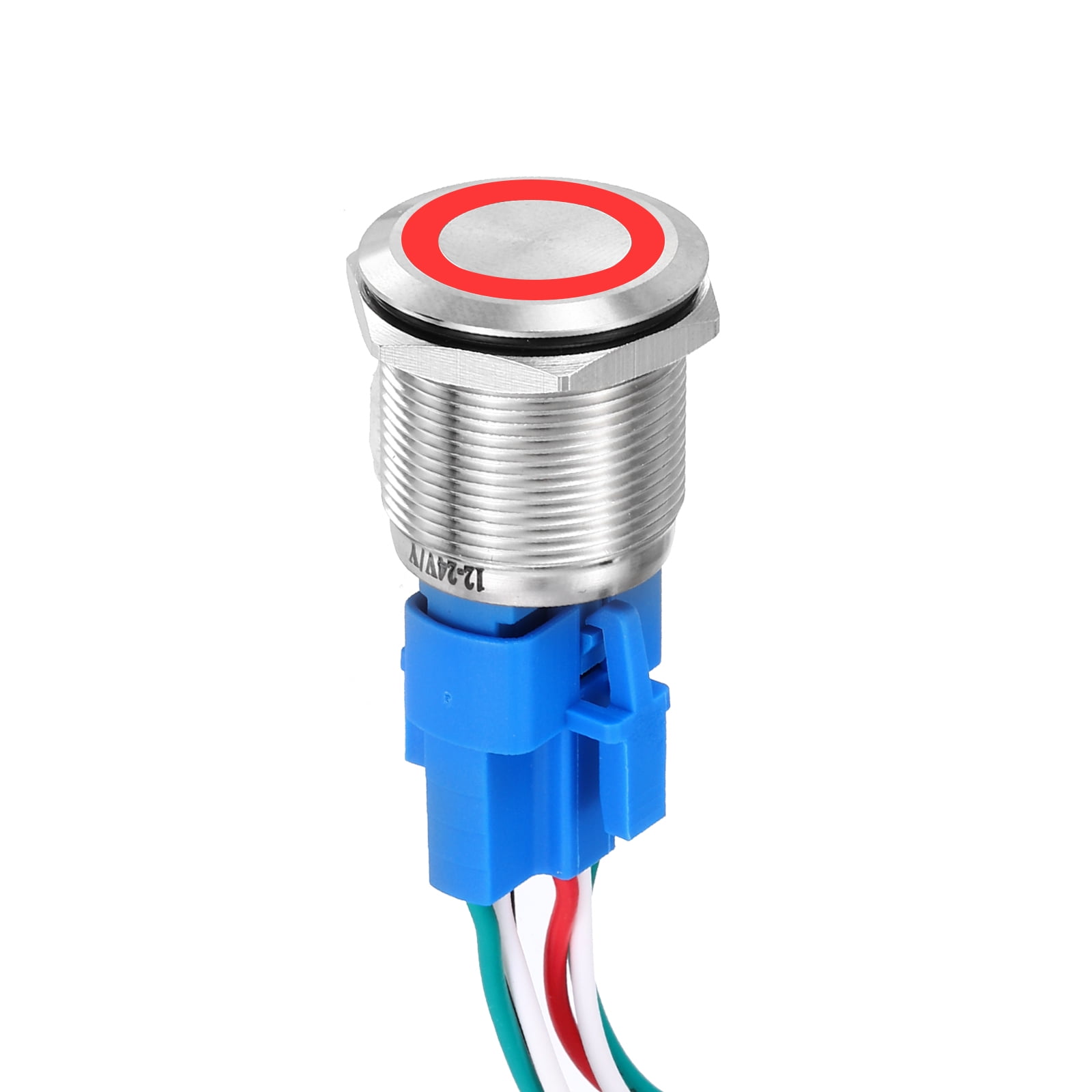 1 Pcs 7/8" Stainless steel Button Switch 5Pin 1NO1NC 5A 12-24V Silver Flat Button Red Ring Lamp ...