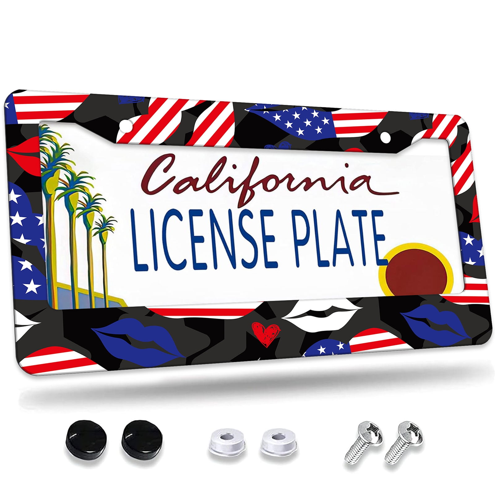 1 Pcs American Flag Lips And Heart Pattern Background License Plate ...