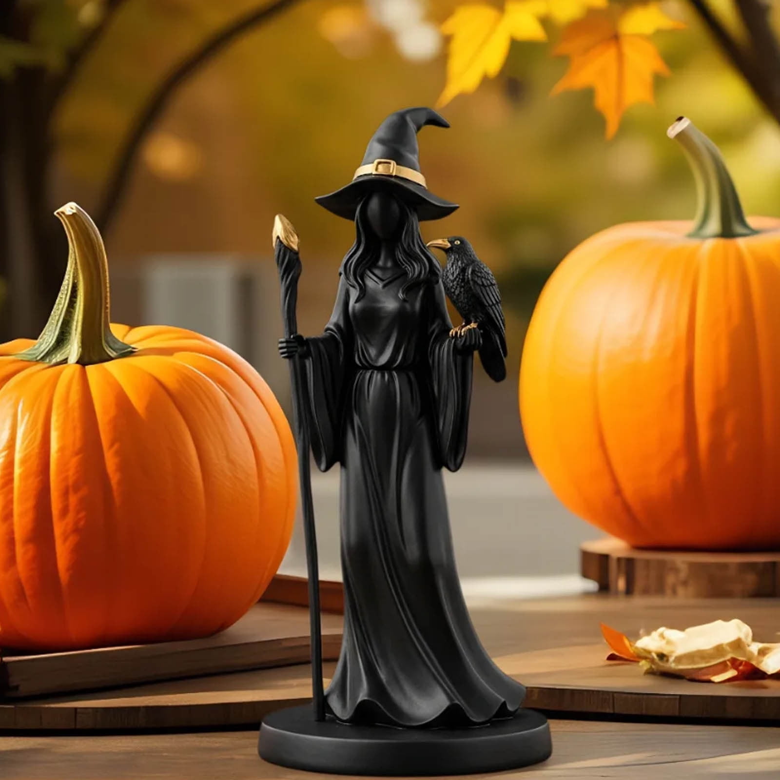 1 Pcs Black Gold Staff Witch Sculpture, Gothic Halloween Witch Holding ...